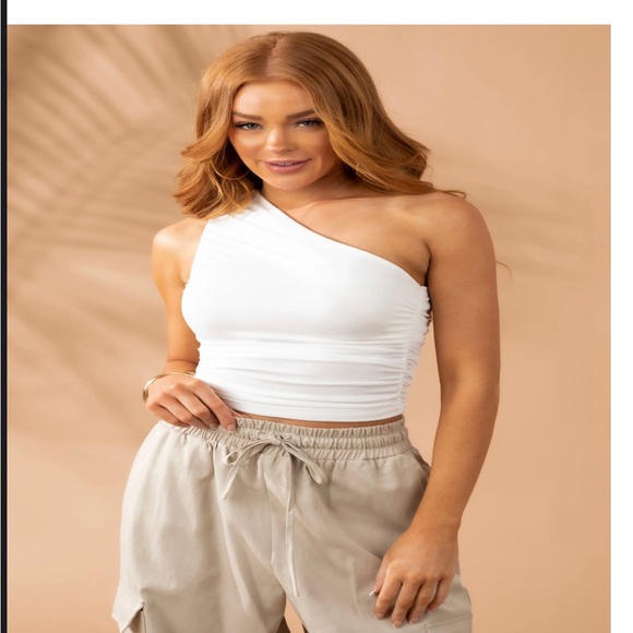 top chic | Tops | Top Chic Ivory One Shoulder Ruched Mesh Tank Top ...